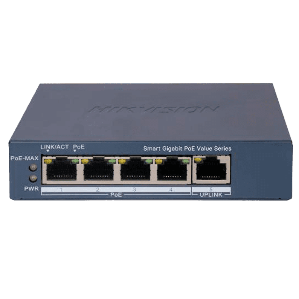 Hikvision Switch Gigabit PoE Gerível - 4 portas PoE 802.3af/at + 1 Uplink RJ45 - 4 RJ45 10/100 ...